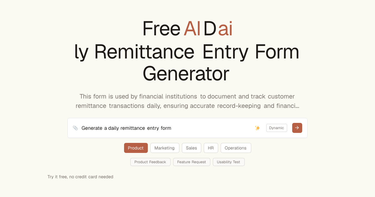 Free Daily Remittance Entry Form AI Generator | Dashform AI Forms