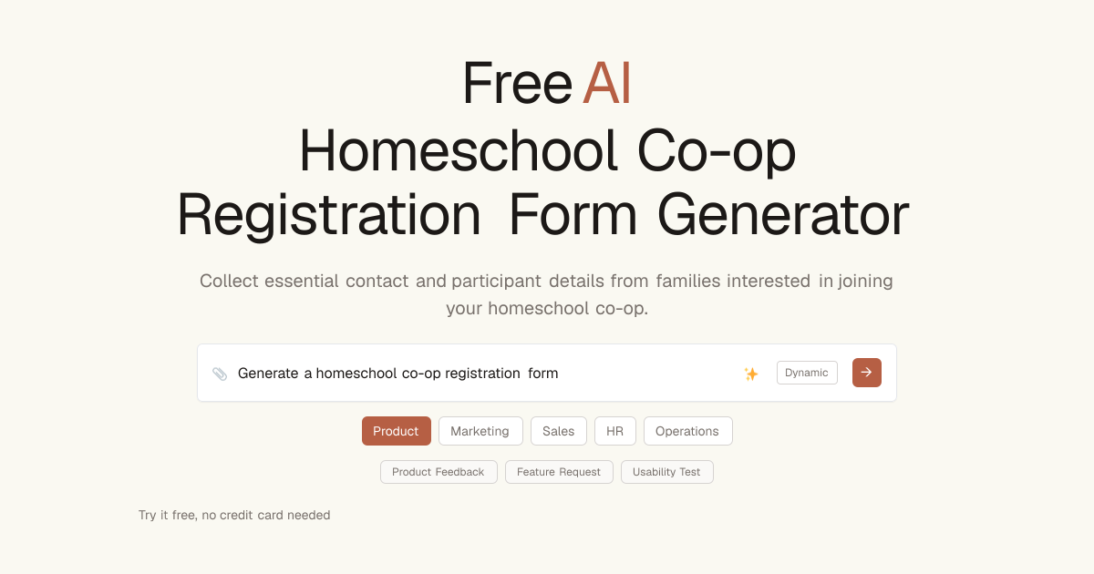 Free Homeschool Co-op Registration Form AI Generator | Dashform AI Forms